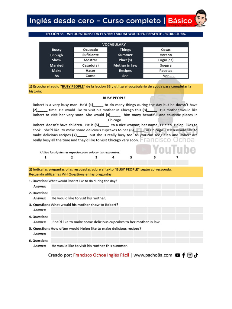 Lección 33 - WH Questions Con El Modal Would | PDF