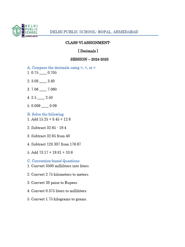 Class VI Decimal Assignment 2024-25 | PDF