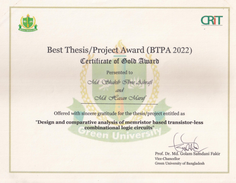 Best Thesis or Project Award-2022 (Gold Award Certificate) | PDF