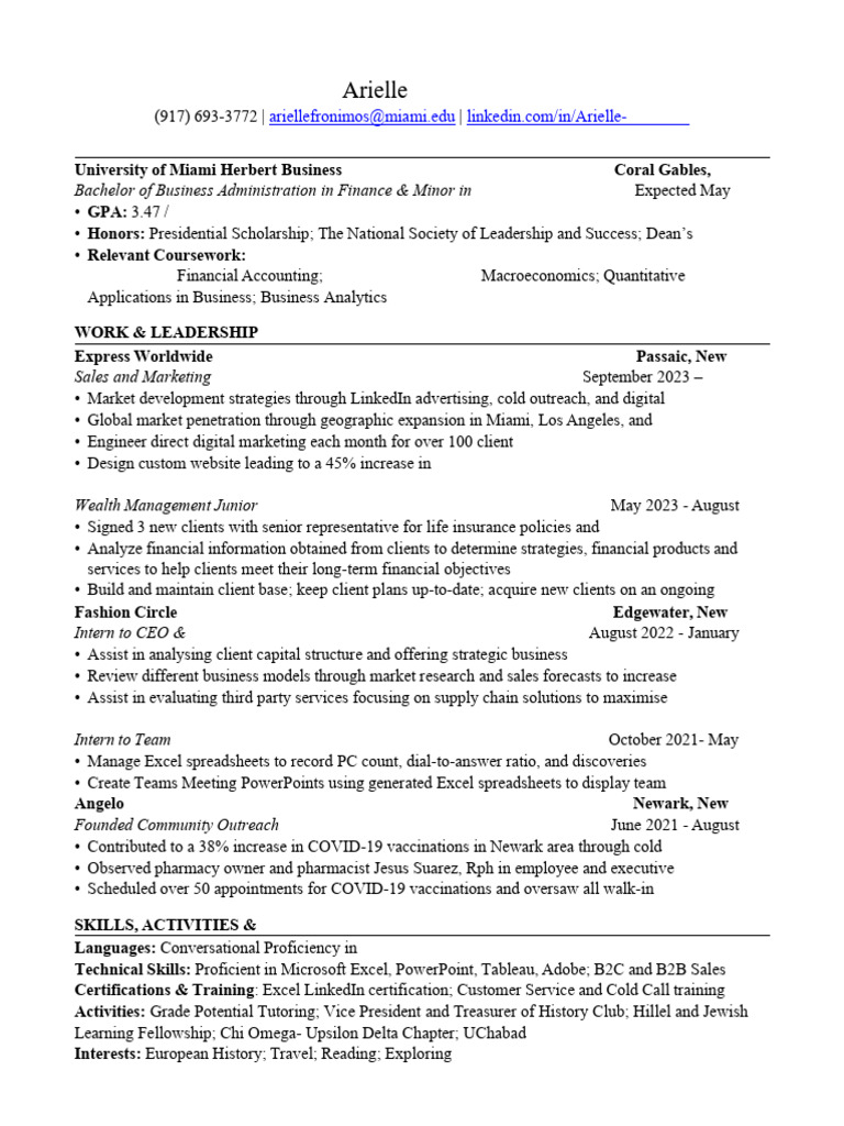 Arielle Fronimos Resume | PDF | Marketing | Business