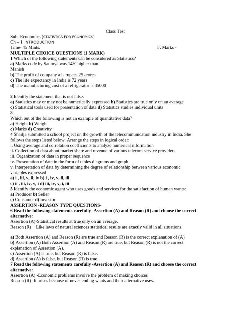 Economics Statistics Class Test | PDF | Statistics | Statistical Inference