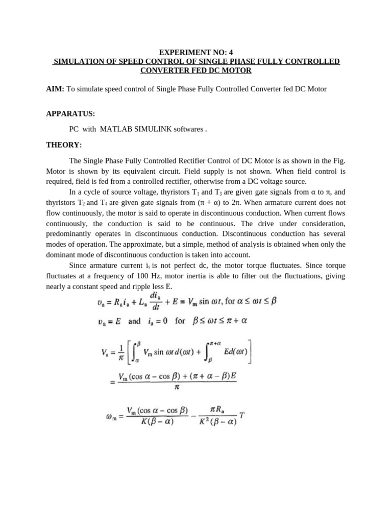 Exp4 Simulation of Single Phase FCC Fed DC Motor | PDF