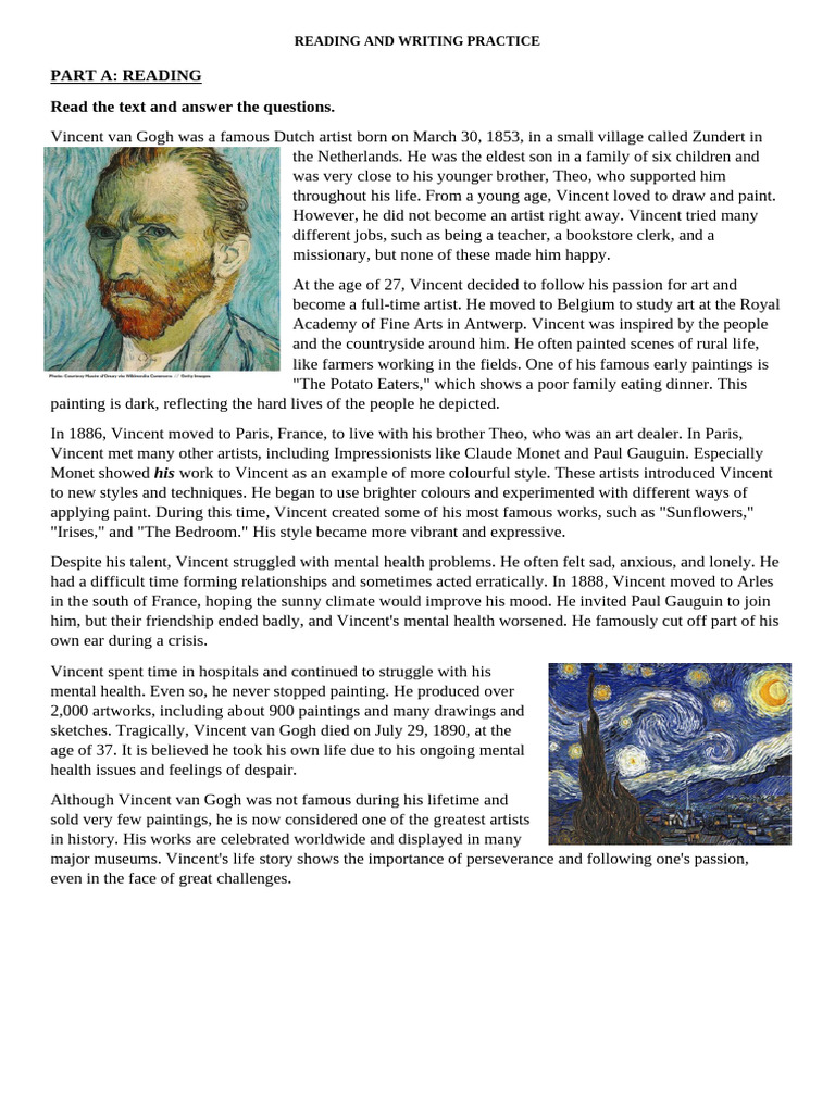 A2-M5-Reading&Writing Practice-10 | PDF | Vincent Van Gogh | Paintings