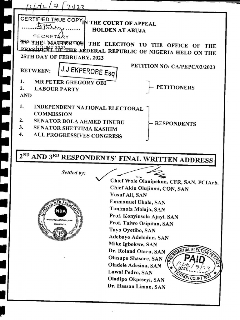 Peter Obi vs. Inec Final Written Address | PDF