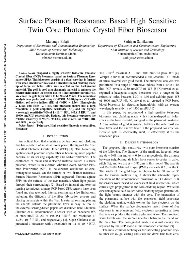 Surface Plasmon Resonance Based High Sensitive Twin Core Photonic Crystal Fiber Biosensor | PDF ...