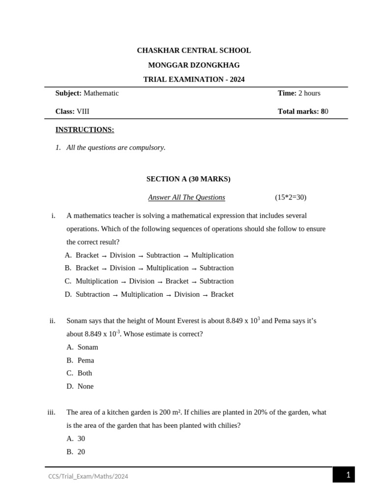 Trial exam 2024 | PDF | Algebra | Mathematics