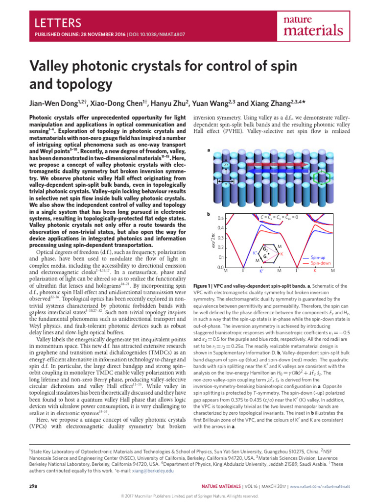 Valley Photonic Crystals For Control of Spin and Topology | PDF | Polarization (Waves) | Spin ...