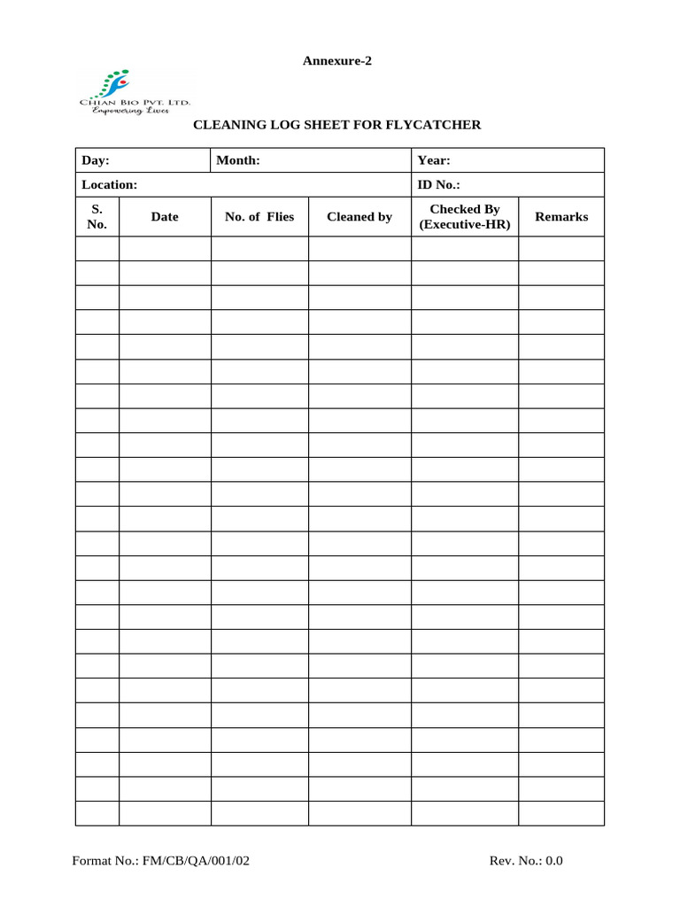 Hr-001-F2-Cleaning Log Sheet For Flycatcher | PDF