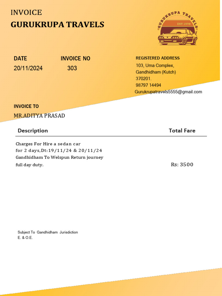 Invoice for Sedan Car Hire Services | PDF