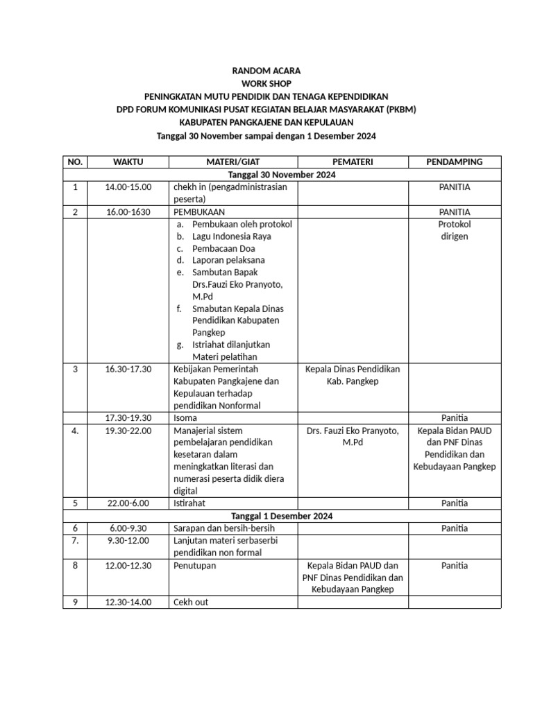 Contoh RANDOM ACARA FK PKBM | PDF