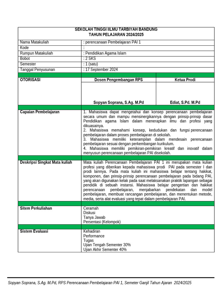 RPS RENCANA PEMBELAJARAN PAI 1 pak SOPYAN SUPRANA | PDF