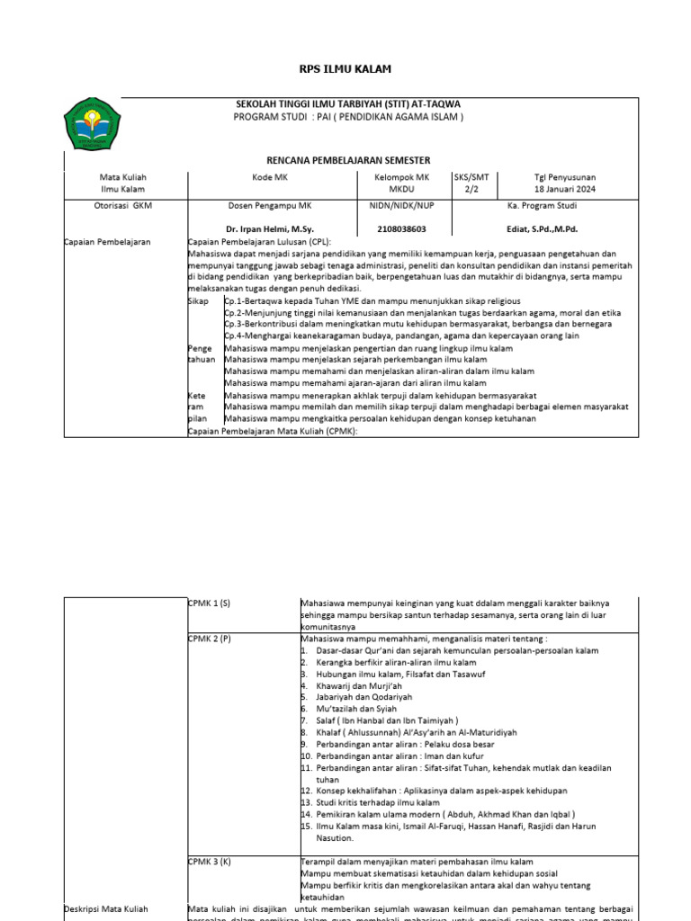 RPS Ilmu Kalam 1 | PDF