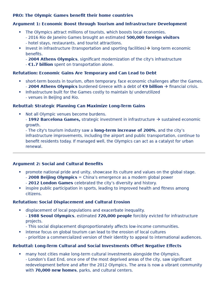 Debate Arguments For The Olympics | PDF | Infrastructure | Tourism