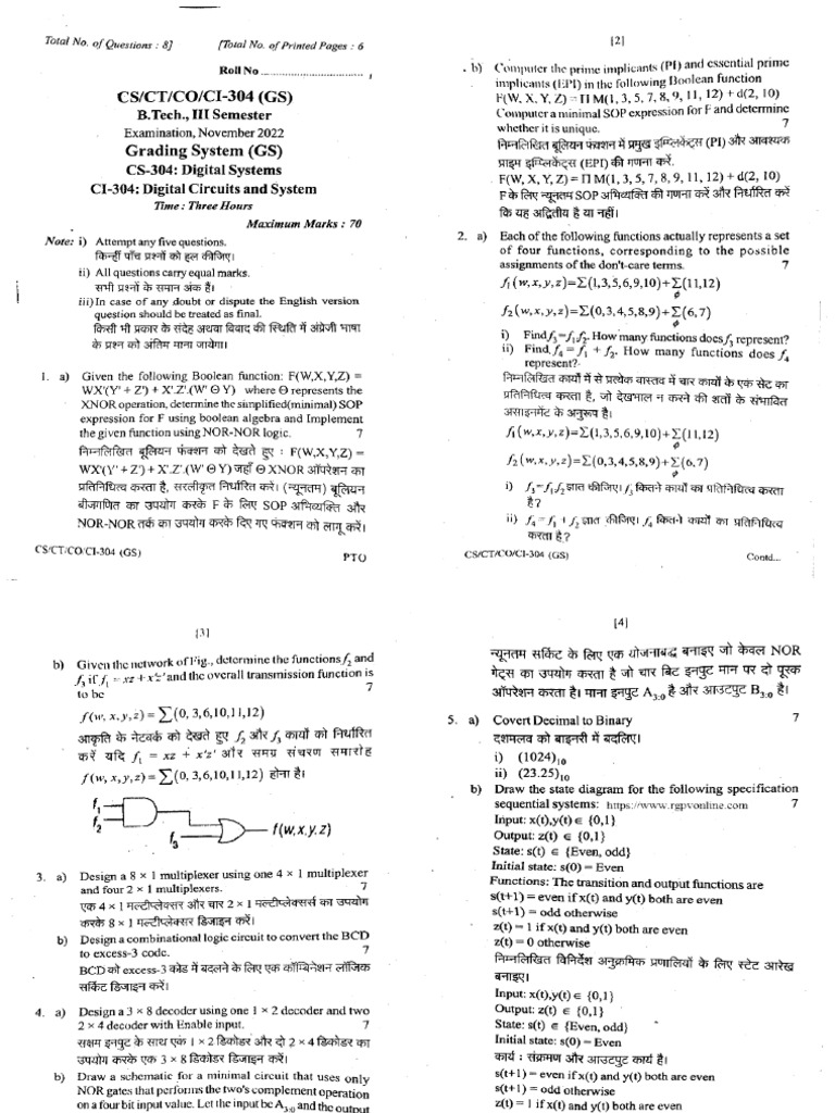 Cs CT Co Ci 304 Digital Systems Digital Circuits and System Nov 2022 | PDF