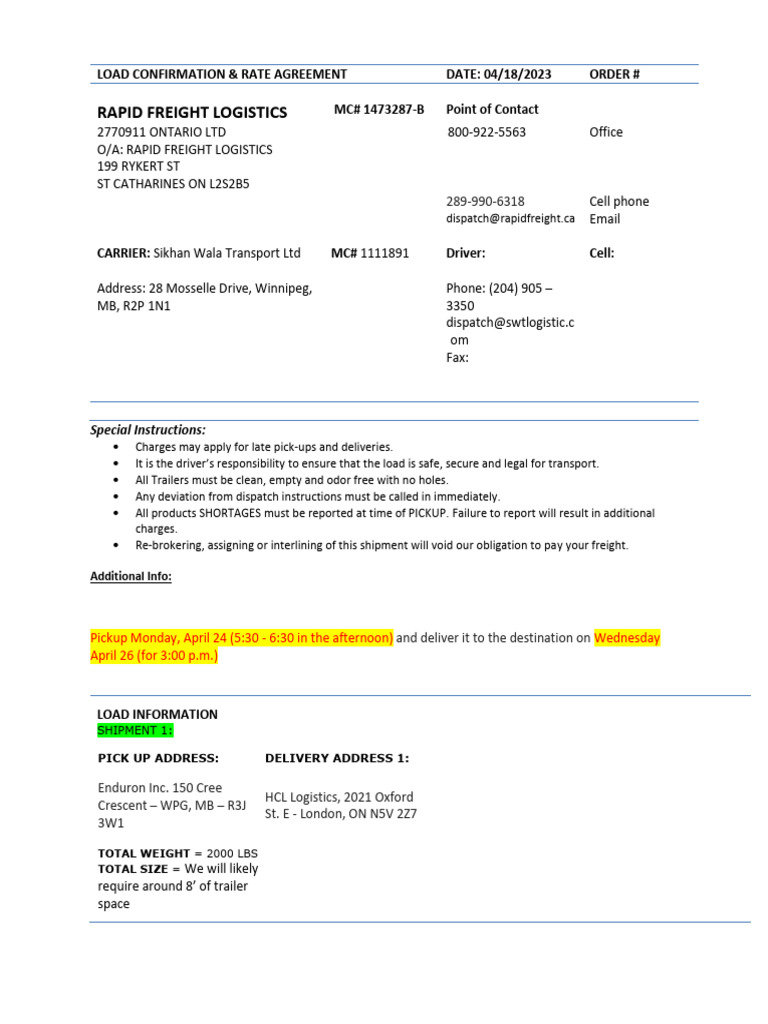 WPG, MB TO London, ON | PDF | Cargo | Freight Transport