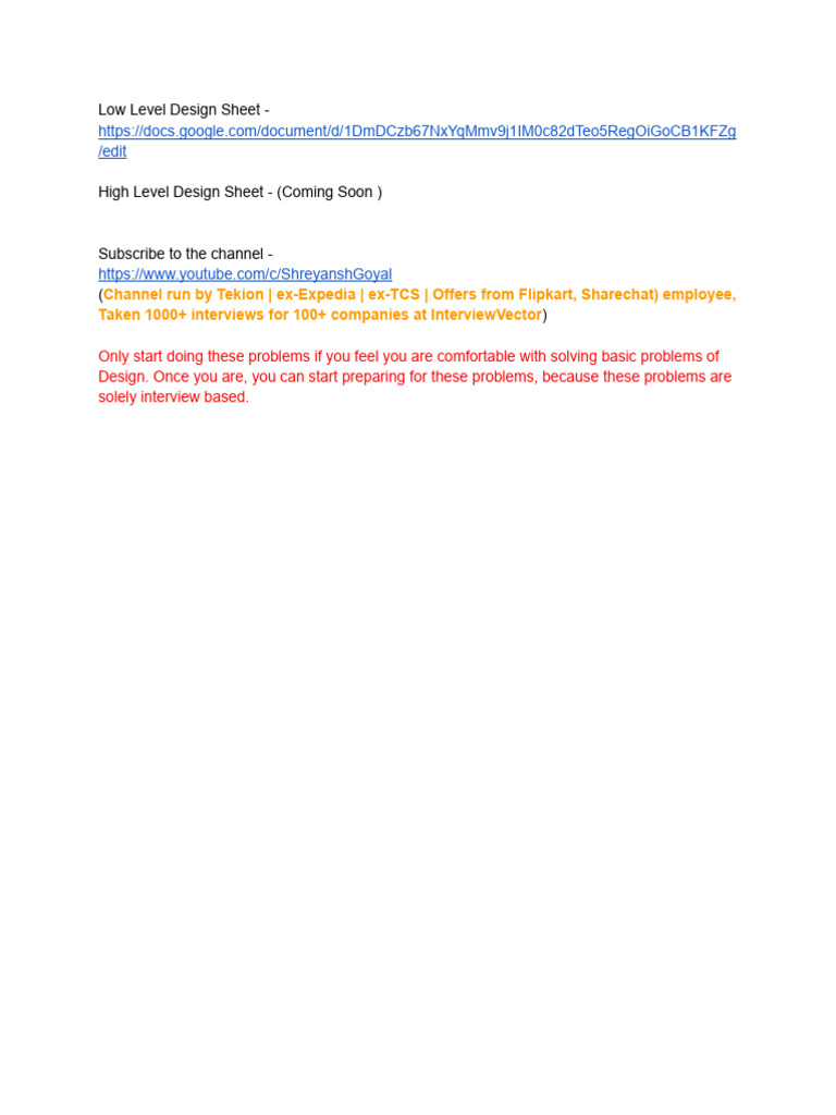 Low Level Design Sheet for Interviews | PDF