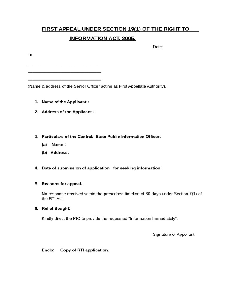 First Appeal Under RTI Act Section 19 | PDF