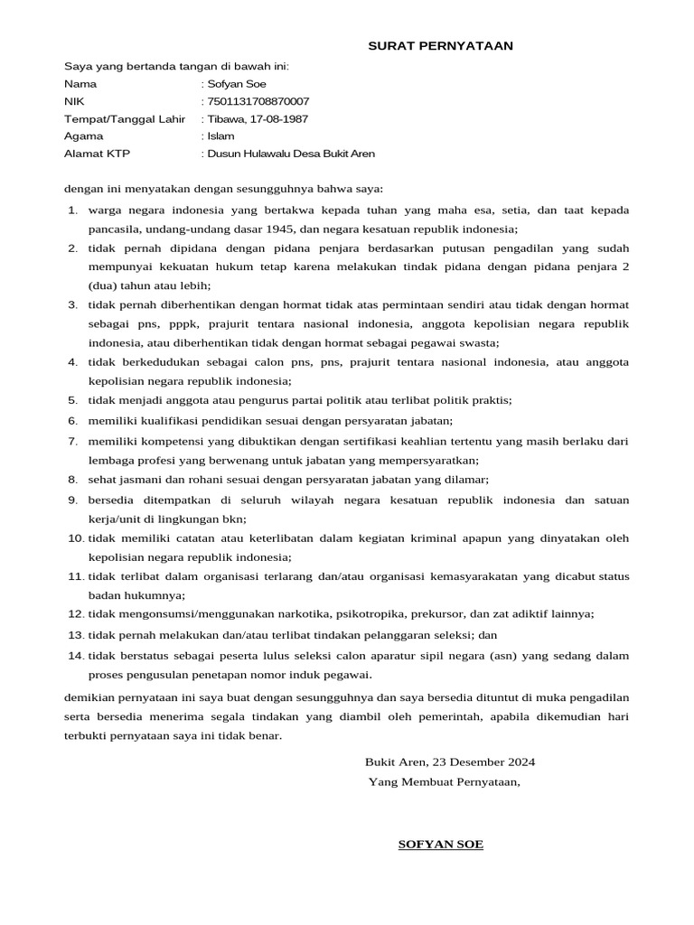 04.-Lampiran-IV-Format-Surat-Pernyataan-Data-Diri-Pelamar-PPPK-TEKNIS-BKN-2024 | PDF