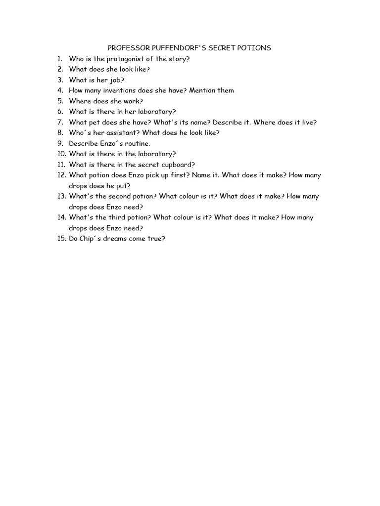 Professor Puffendorf's Secret Potions Guide Questions | PDF