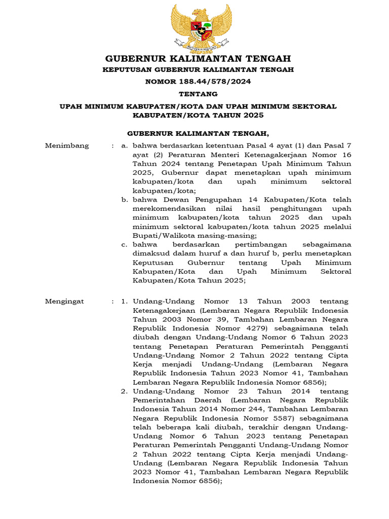 UMK Kalimantan Tengah 2025 Ditetapkan | PDF