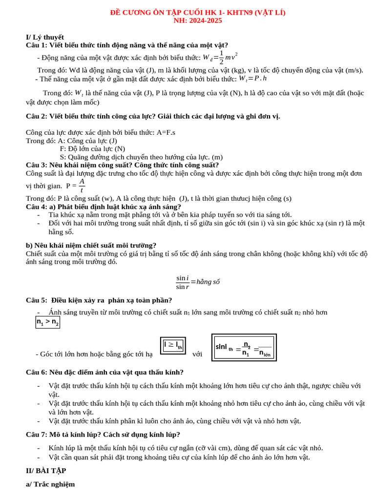 De Cuong On Tap Cuoi Hoc Ki 1 KHTN 9 | PDF