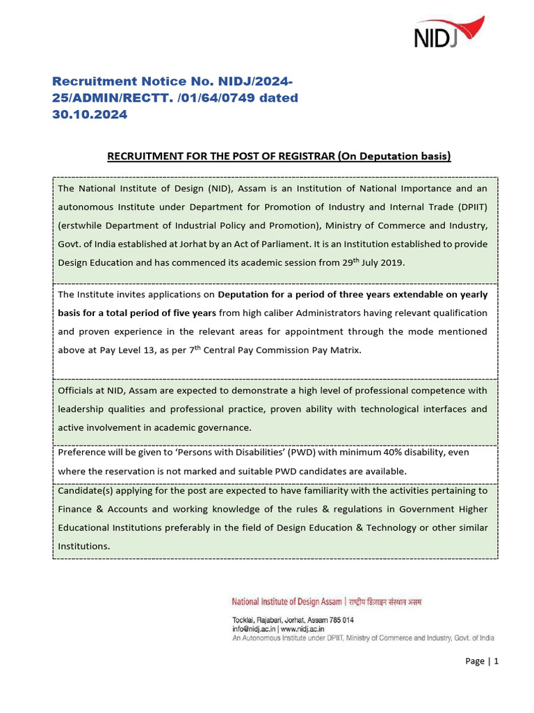 Advertisement of Registrar NID Assam 2024 | PDF