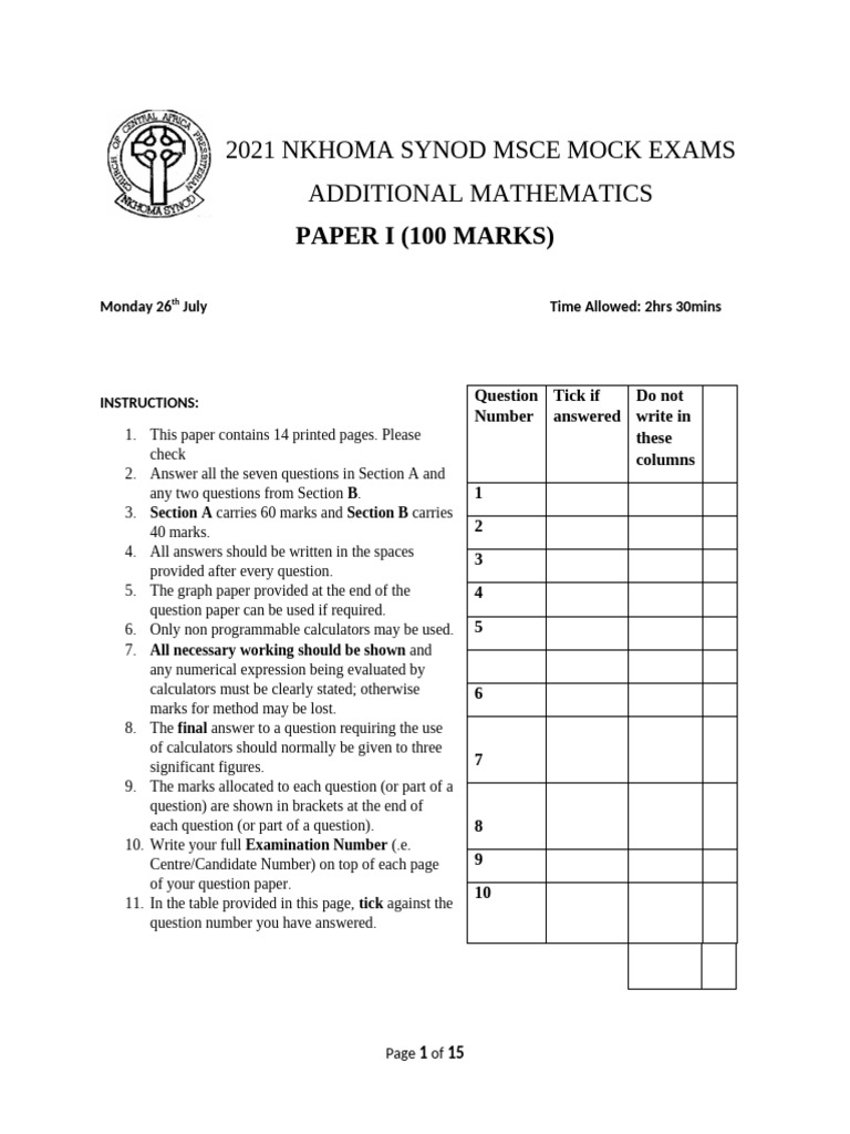 2021 Nkhoma Synod Msce Math Mock Exam Pdf Equations Pi