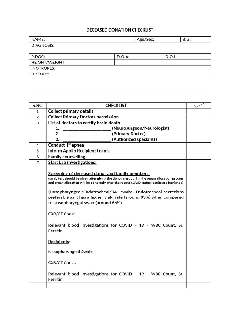 Deceased Donation Checklist | PDF