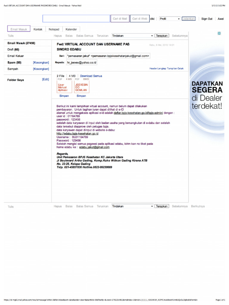 FWD - Virtual Account Dan Username Password Edabu - Email Masuk - Yahoo Mail | PDF