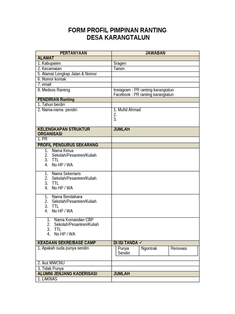 Form Profil Pimpinan Ranting | PDF