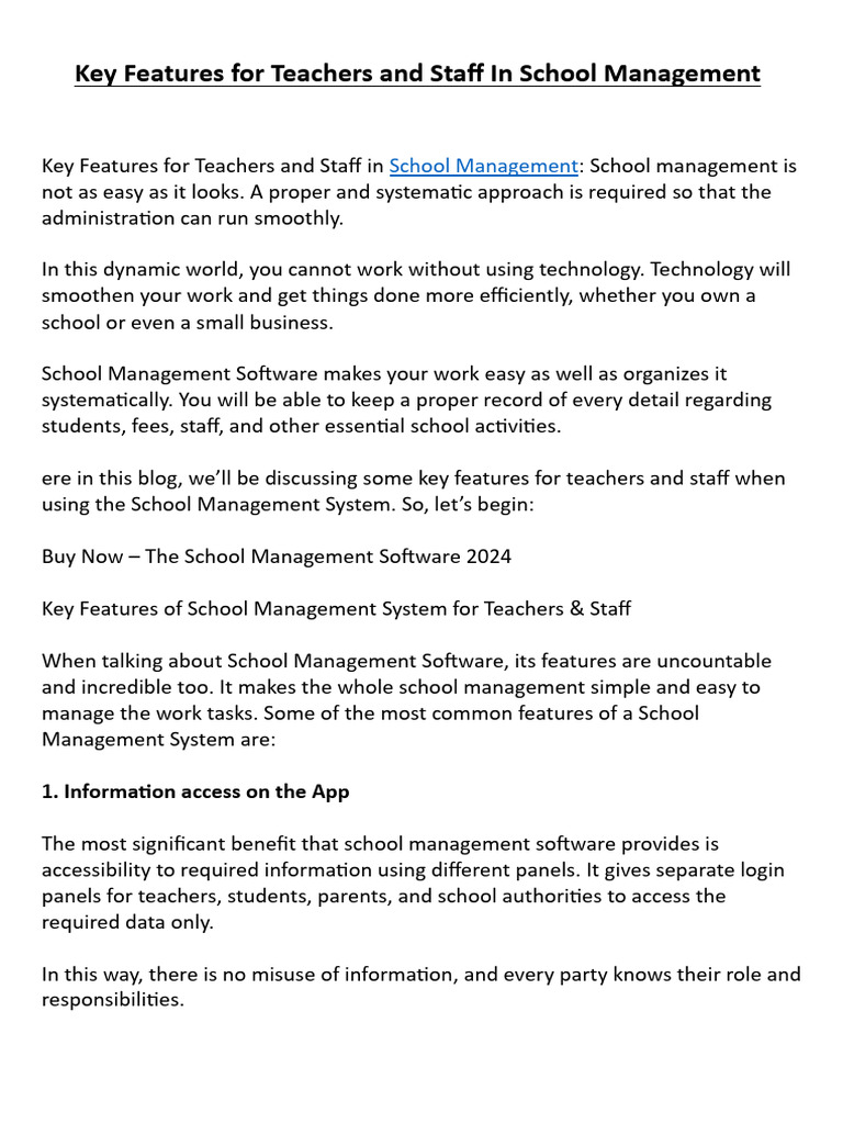 Key Features For Teachers and Staff in School Management | PDF | Teachers | Information