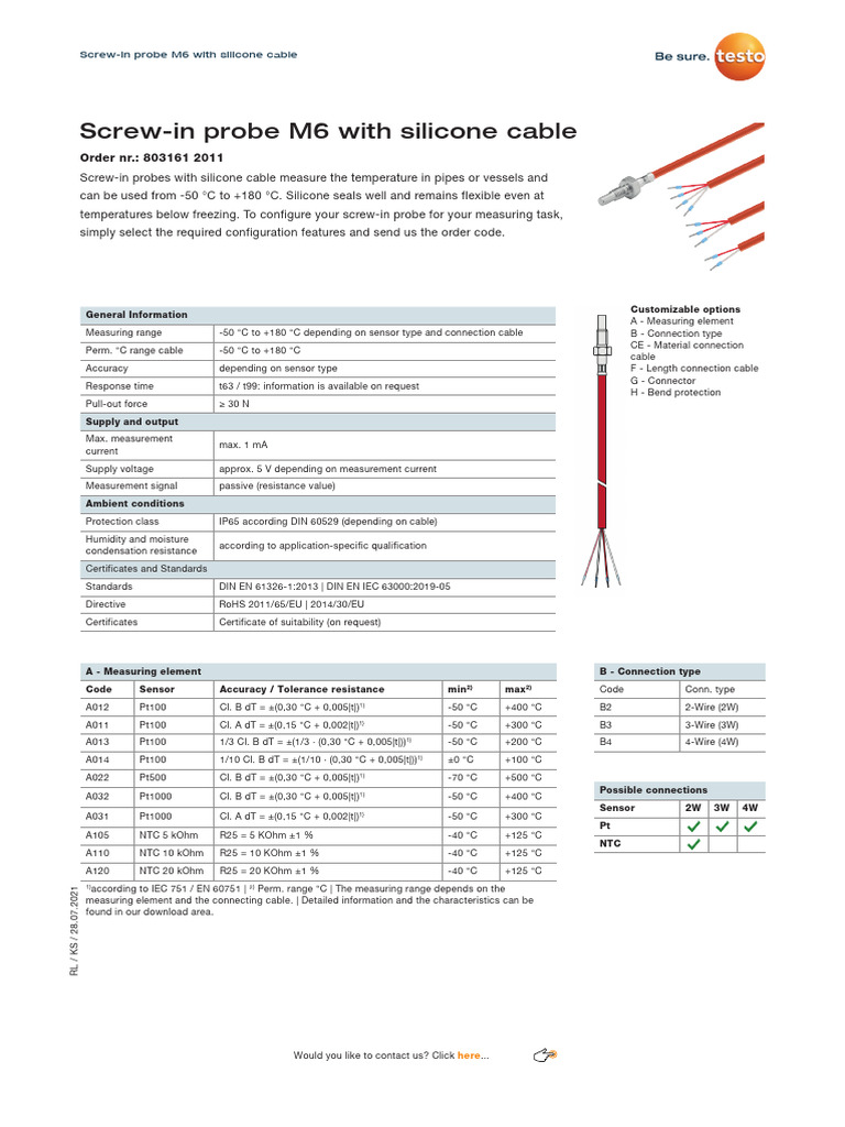 Screw in Probe m6 With Silicone Cable Datasheet | PDF | Metrology ...
