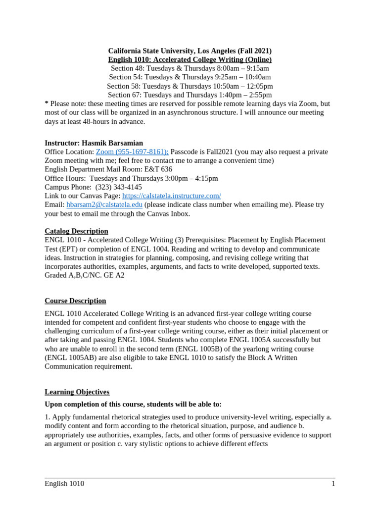 Syllabus For 1010 - Fall 2021 | PDF | Comma | Academic Dishonesty