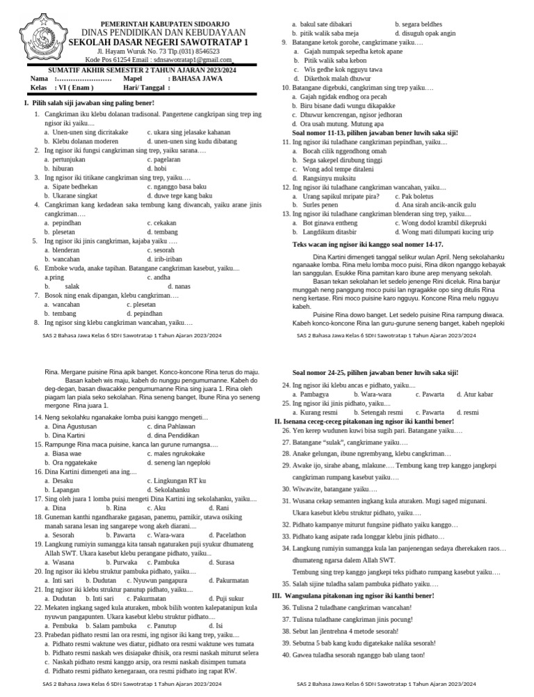 Soal Sas 2 B.jawa 2022-2023 | PDF