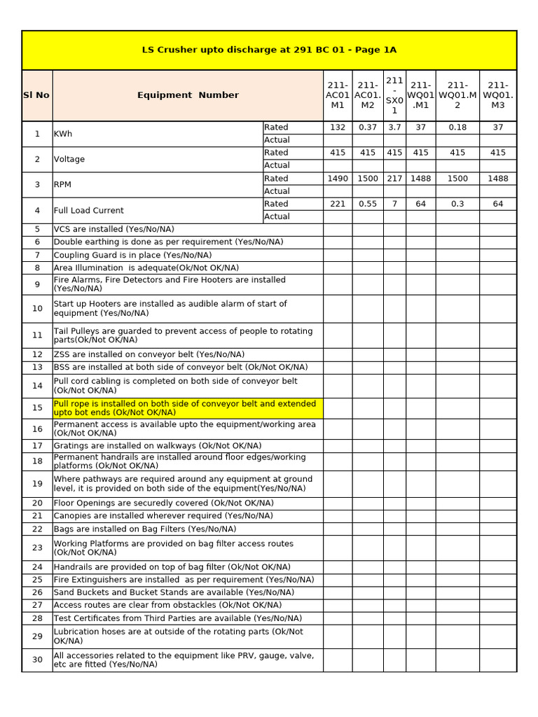 Inspection Check List - Pre-Commissioning - LS Crusher To LS Stacker ...