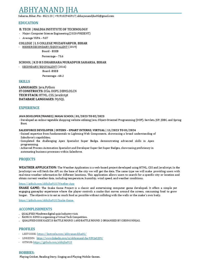 Abhyanand Jha - SDE (Software Development Frontend Engineer) | PDF | Java (Programming Language ...