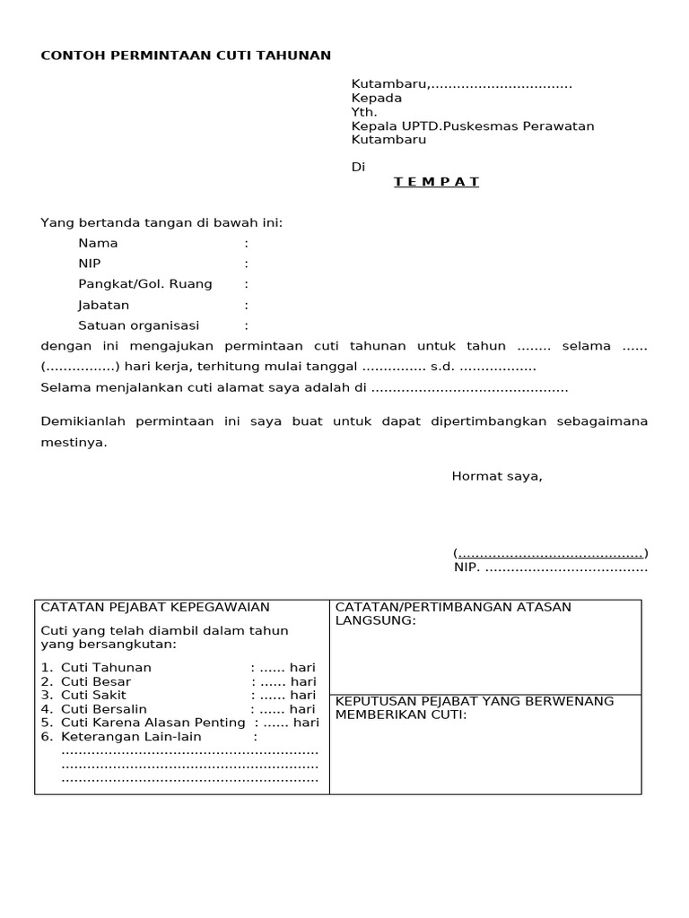 Contoh Surat Cuti, Sakit, Besar, Bersalin Untuk PNS | PDF