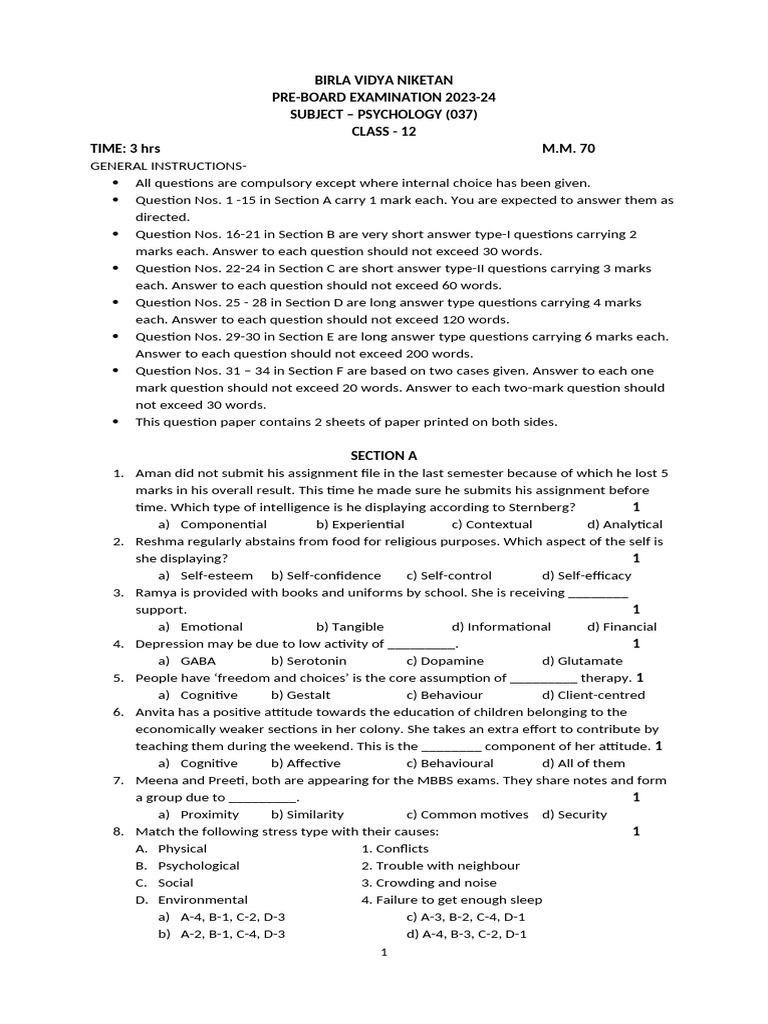 Preboard Examination 2023 QP | PDF | Anxiety | Affect (Psychology)