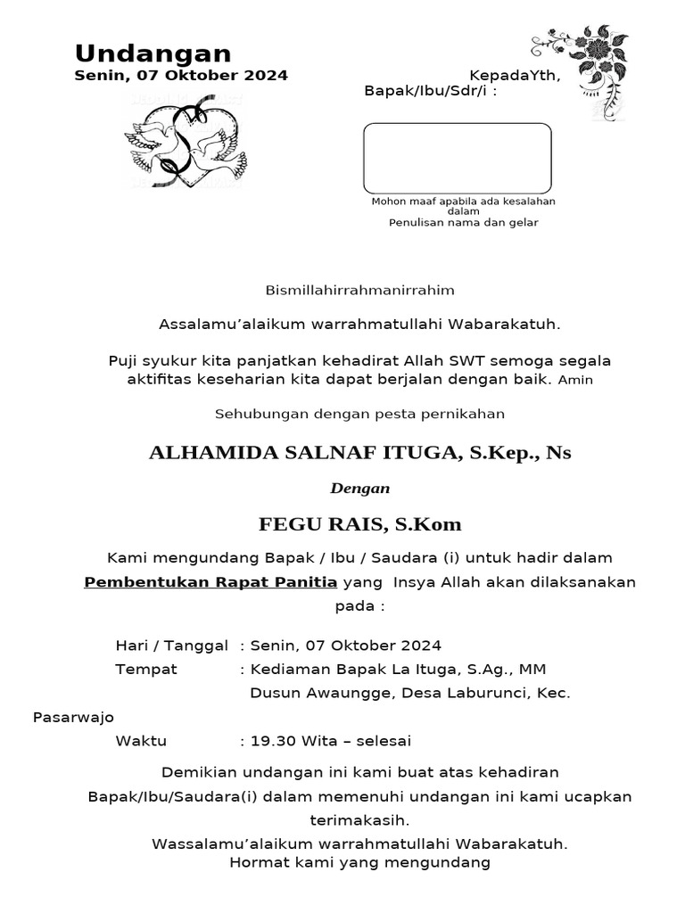 Undangan Rapat Panitia Pernikahan 2024 | PDF