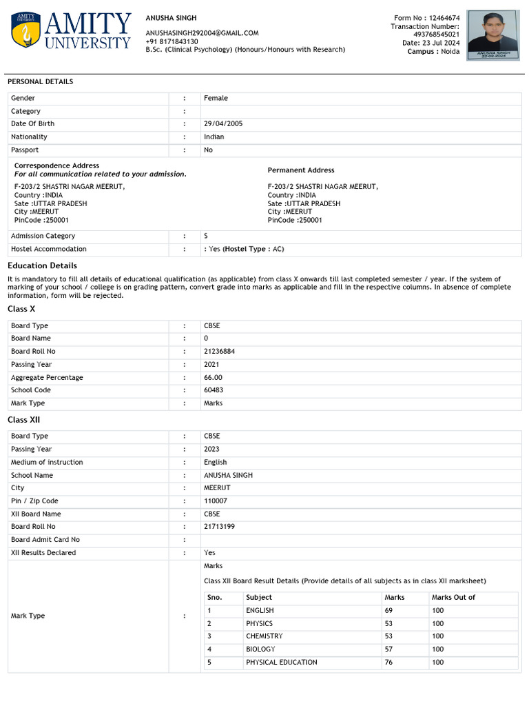 Admission Form for Anusha Singh | PDF | Personal Identification Number