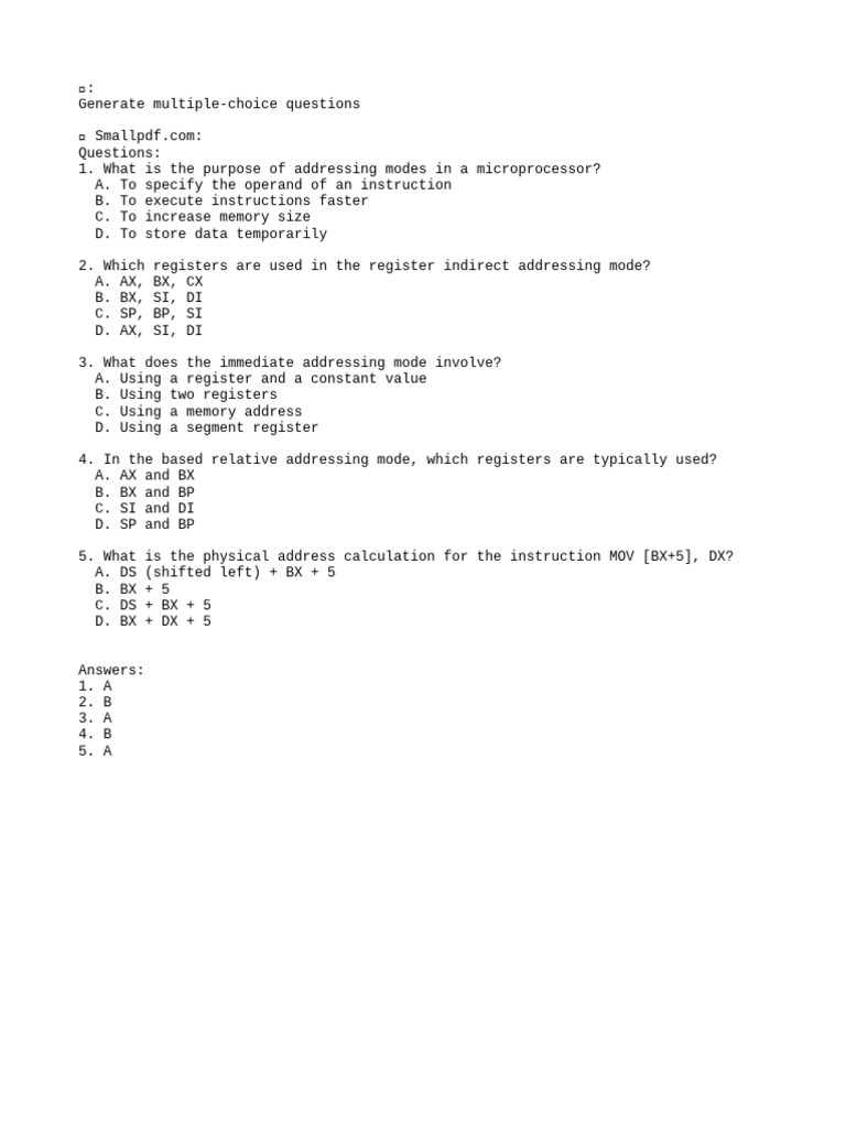 MCQs on Addressing Modes in Microprocessors | PDF
