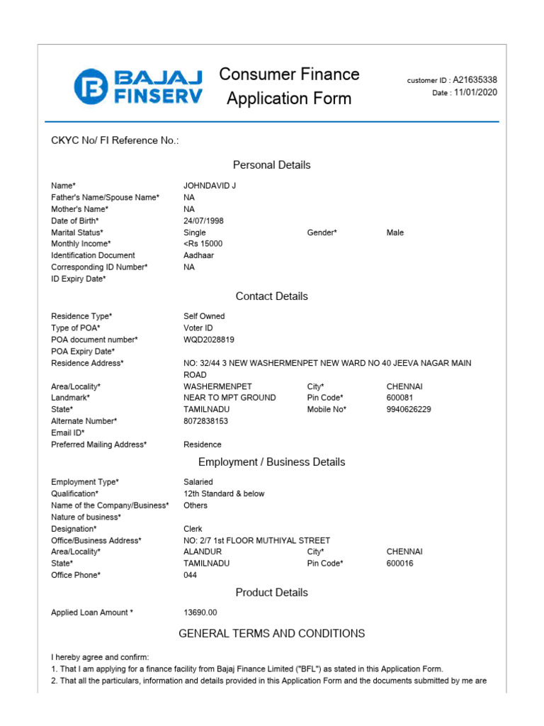 Bajaj Finance Loan Application Form | PDF | Social Institutions | Marriage