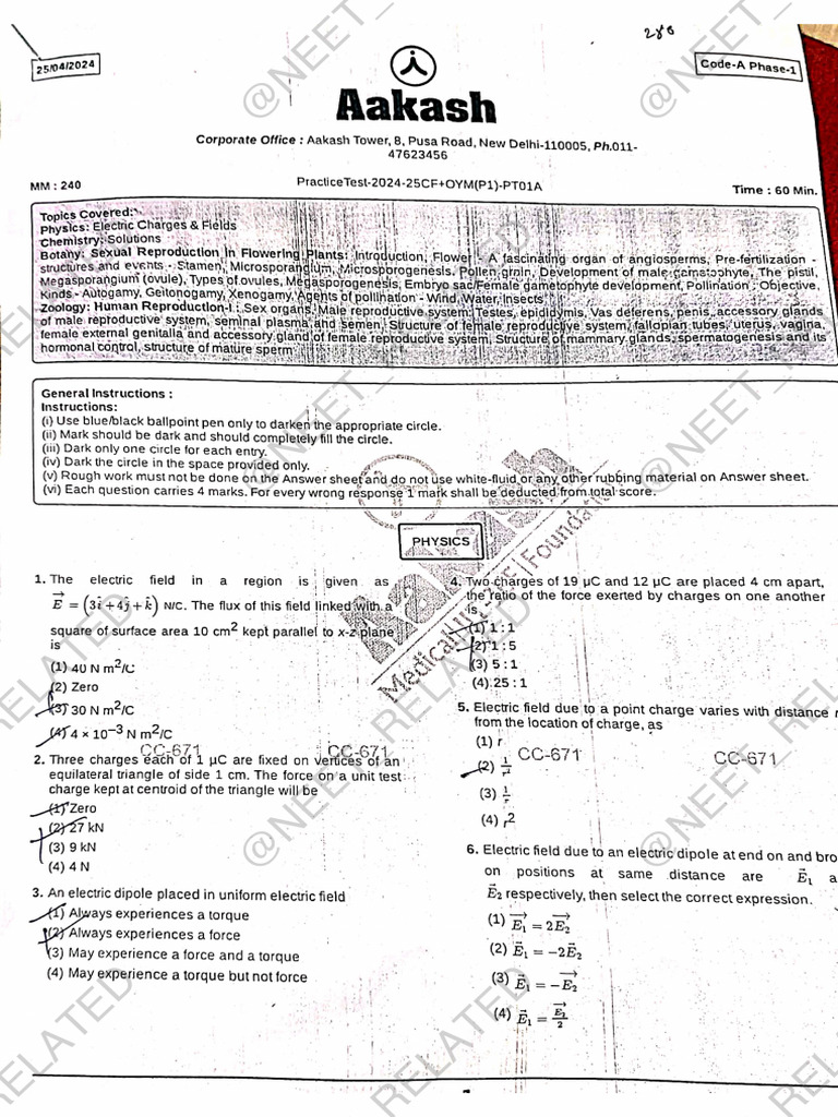 ? PT 01 QUESTION PAPER? PHASE 01? CODE A ? Class 12th TYMHigh | PDF
