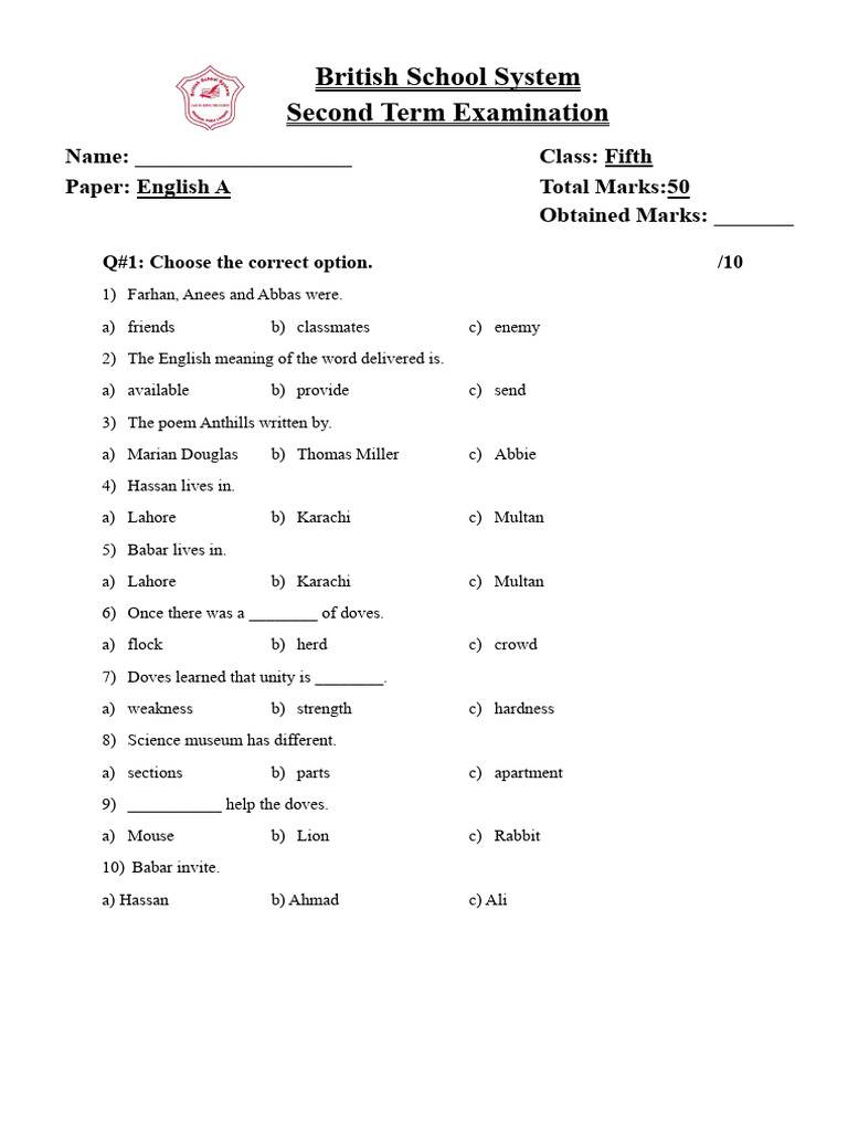5th English A | PDF