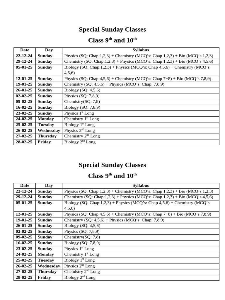 Special Sunday Classes | PDF