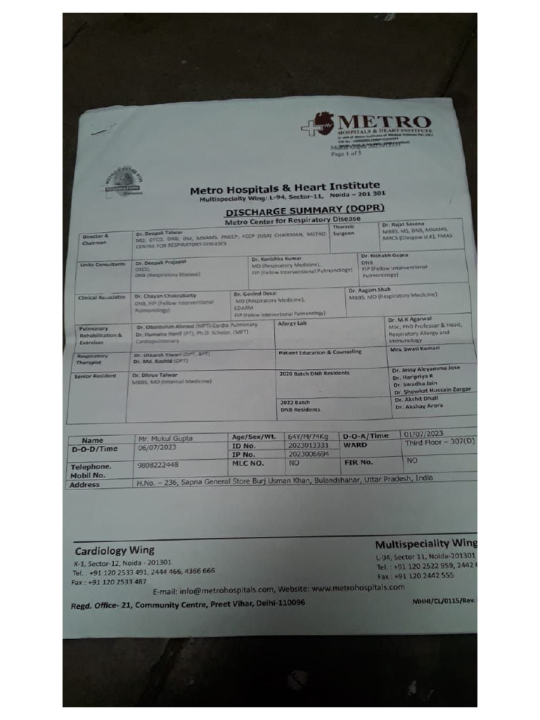 Mukul Gupta - Supporting Document - Metro Hospital | PDF
