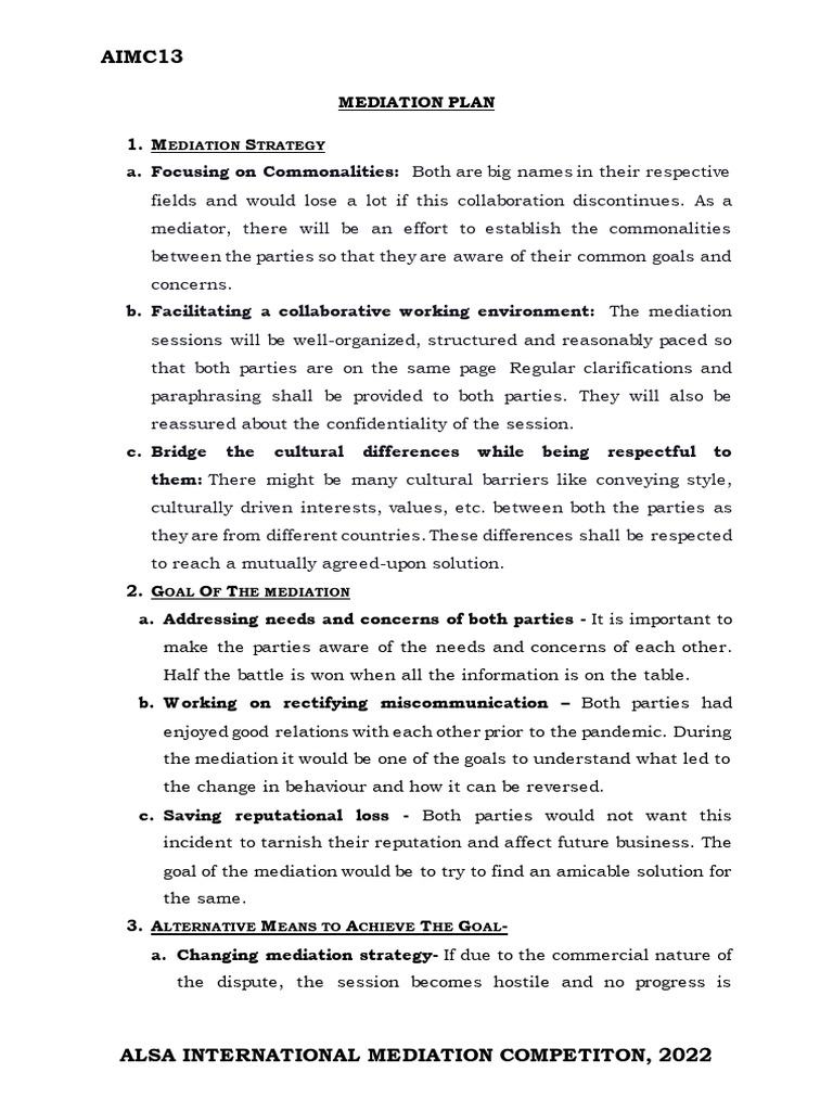 Aimc13 Mediation Plan-2 | PDF | Mediation