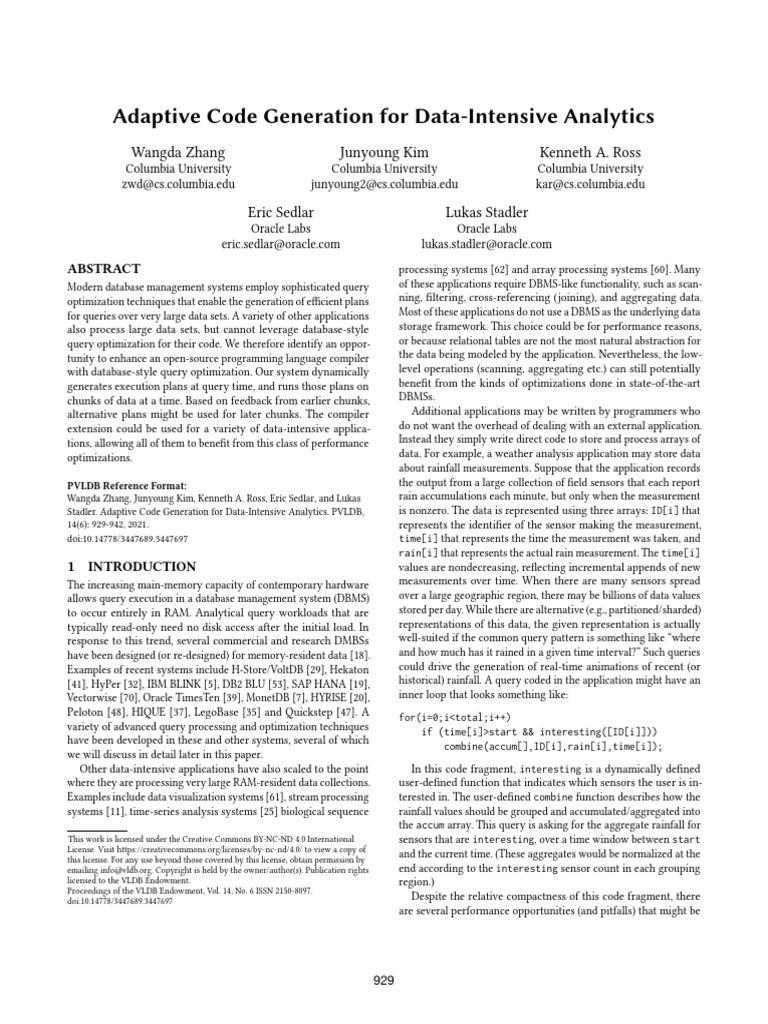 2021 - Adaptive Code Generation For Data-Intensive Analytics | PDF | Databases | Program ...