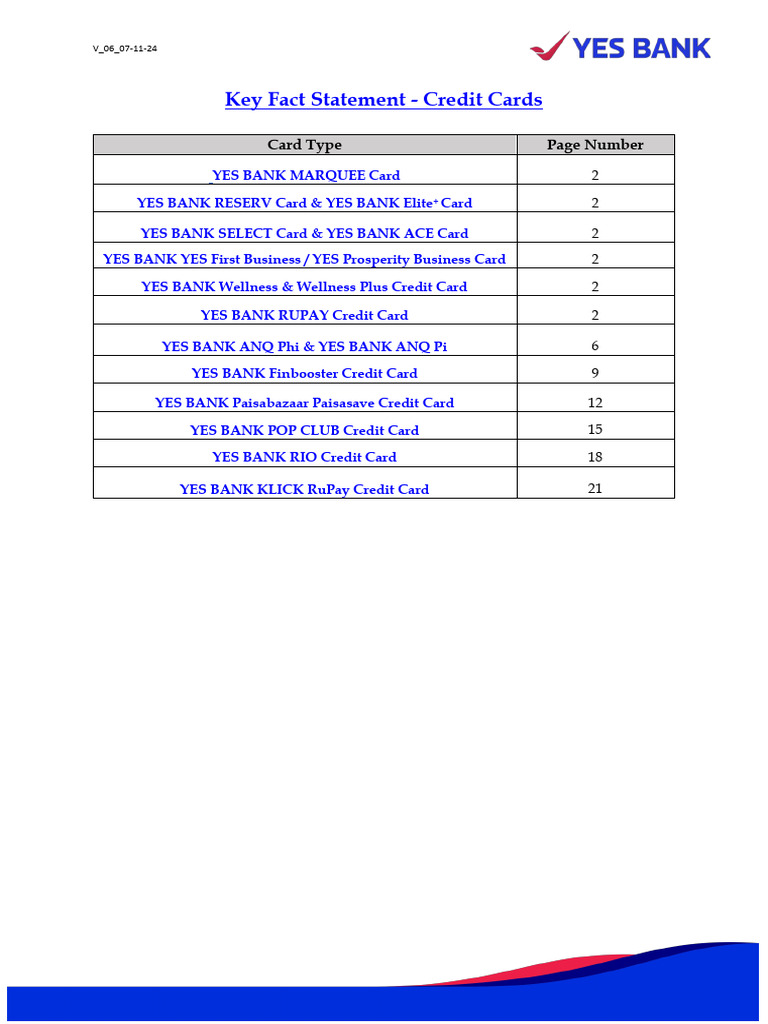 Yesbank Key Fact Statement | PDF | Credit Card | Debit Card