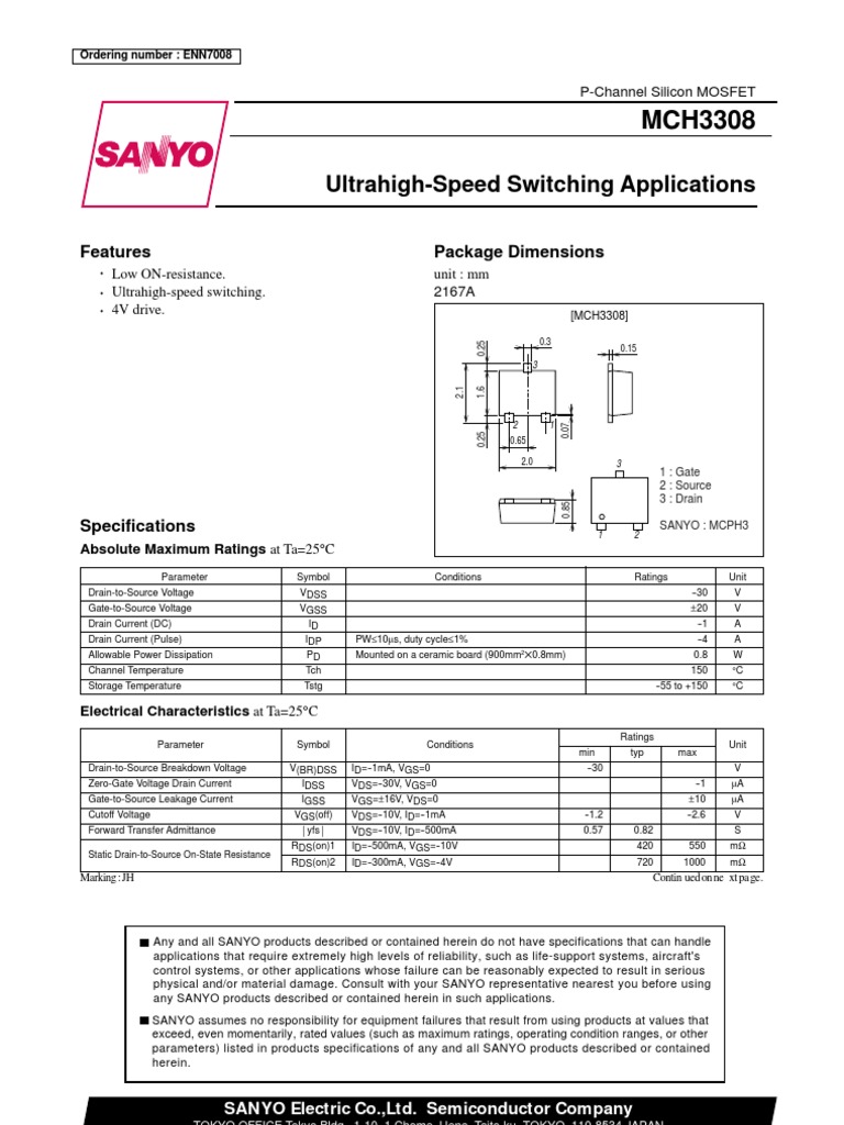 Datasheet MCH3308 | Field Effect Transistor | Electrical Engineering